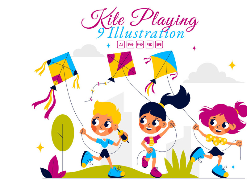 9 Joyful Kite Flying Activity Illustration by denayuneep ~ EpicPxls