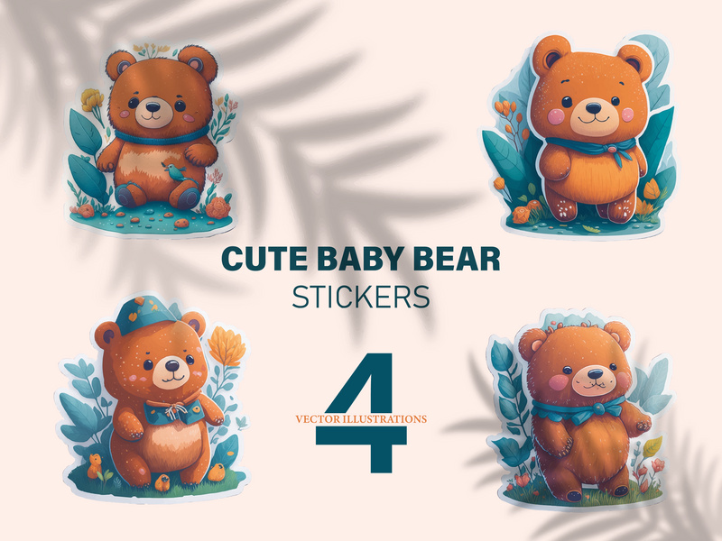 cute teddy bears stickers with flowers and leaves, isolated ~ EpicPxls