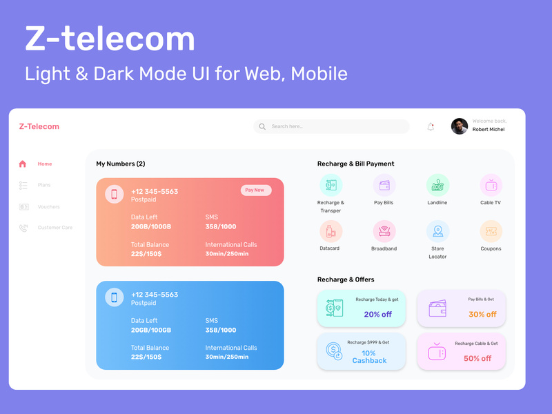 Z telecom Web & Mobile, Light and Dark UI Options by ~ EpicPxls