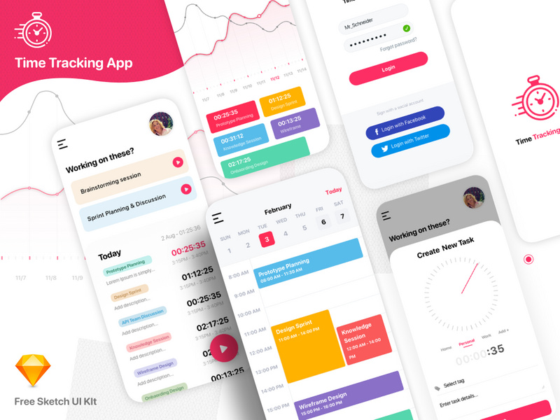 Time Tracking App - Free Sketch UI Kit by Ismail ~ EpicPxls