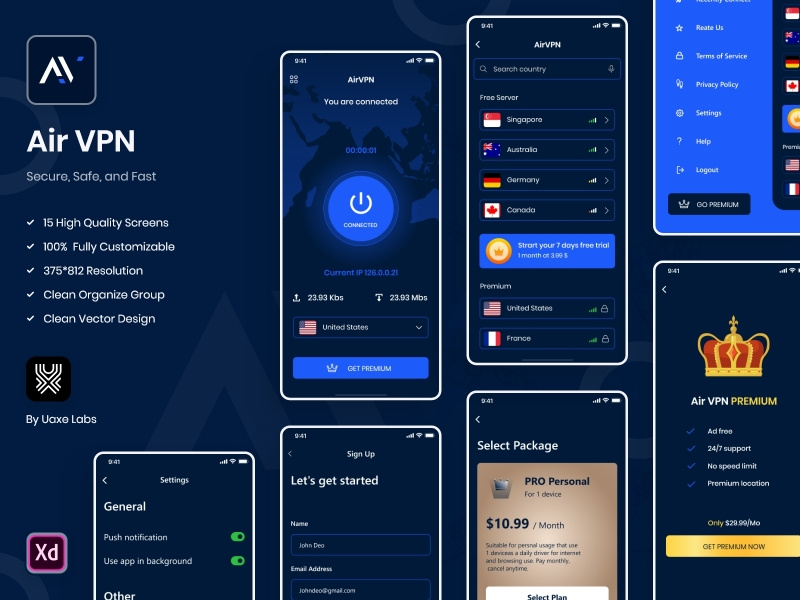 VPN App UI Kit - Adobe XD by Uaxe Labs ~ EpicPxls
