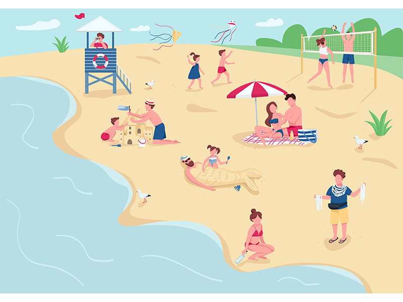 Recreation on sand beach flat color vector illustration by ~ EpicPxls