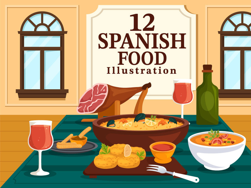 12 Spanish Food Cuisine Illustration by denayuneep ~ EpicPxls