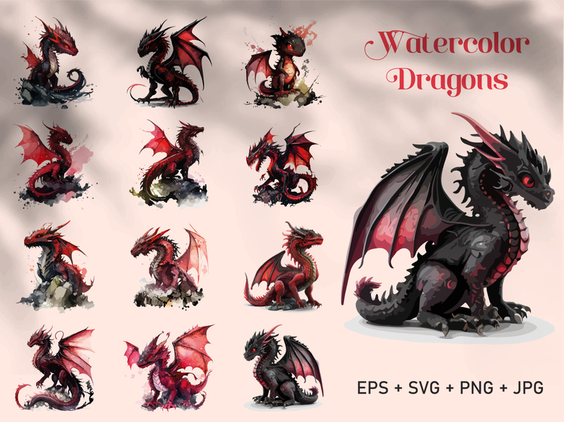 Cute Baby Dragon Watercolor SVG Clipart by ~ EpicPxls