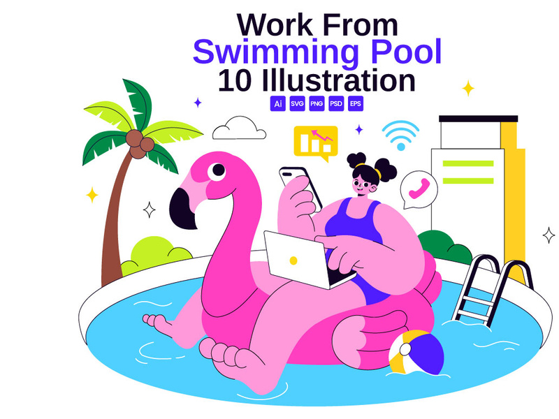 10 Work from Swimming Pool Illustration by denayuneep ~ EpicPxls
