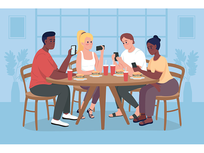 Students on mobile phones flat color vector illustration by ~ EpicPxls