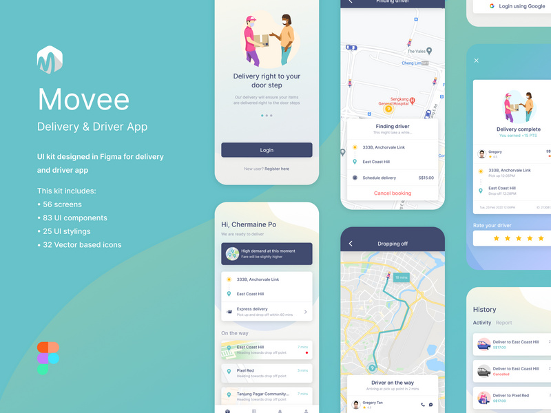 Movee Delivery and Driver App Figma UI Kit by Dunnodt ~ EpicPxls