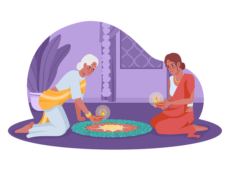 Women with oil lamps celebration Diwali 2D vector isolated ~ EpicPxls