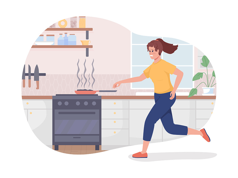Burning food on stove 2D vector isolated illustration by ~ EpicPxls