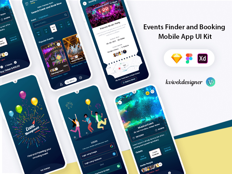 Events Finder and Booking Mobile App UI Kit by ~ EpicPxls