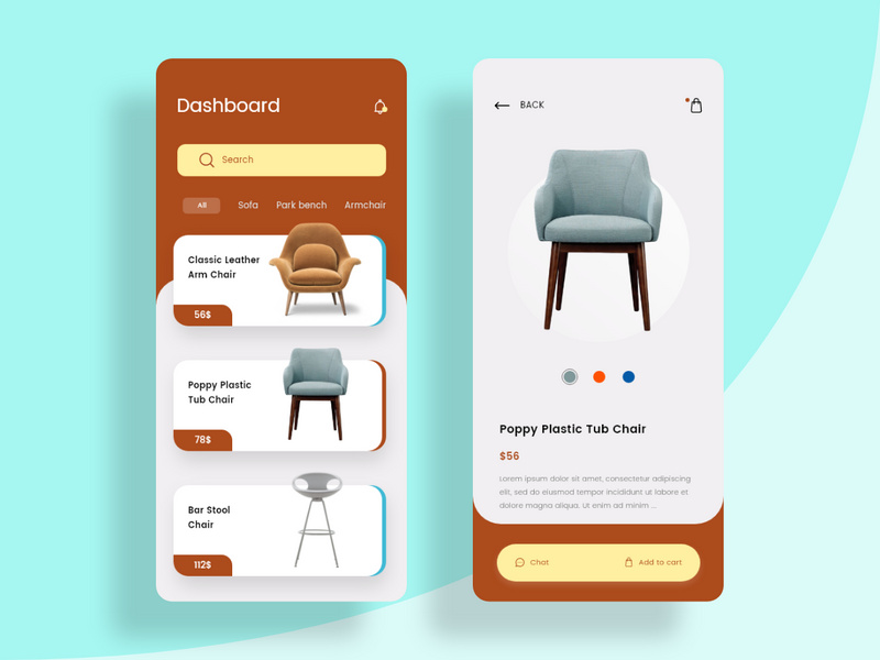 Dashboard and Product details screens for Furniture app by ~ EpicPxls