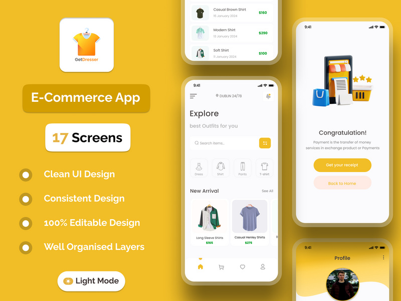 E-Commerce UI Kit for Mobile App Design - GetDresser - UI ~ EpicPxls