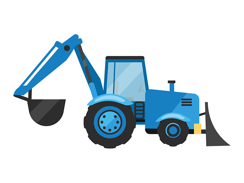Blue tractor with digger and loader flat vector ~ EpicPxls