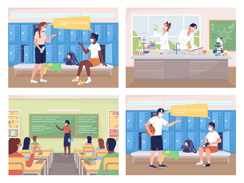High school classes flat color vector illustration set by ~ EpicPxls