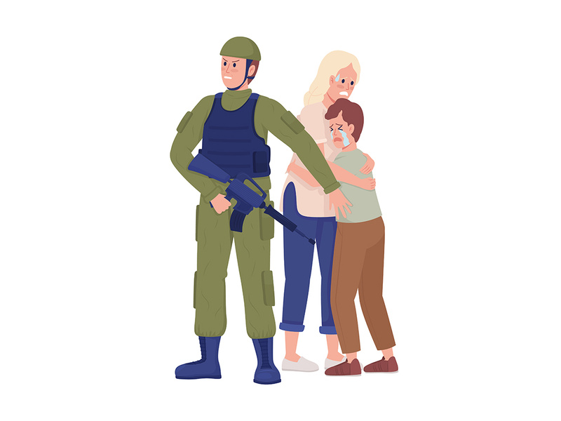 Soldier protects family semi flat color vector characters ~ EpicPxls