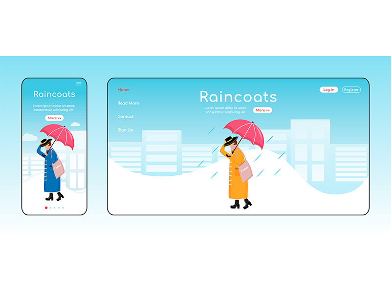 Raincoats landing page flat color vector template by The ~ EpicPxls