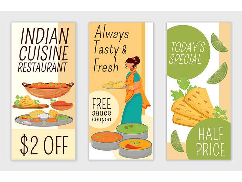 Indian cuisine restaurant flyers flat vector templates set ~ EpicPxls