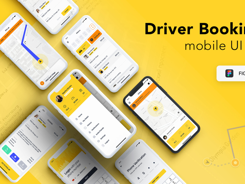 Taxi Driver Booking UI Kit for FIGMA by Freeslab88 ~ EpicPxls