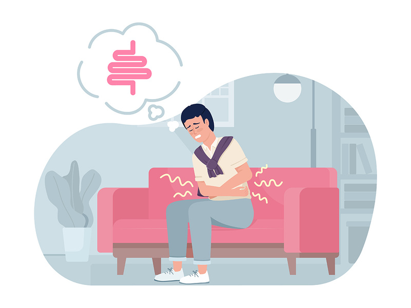 Man suffering from abdominal pain at home 2D vector ~ EpicPxls