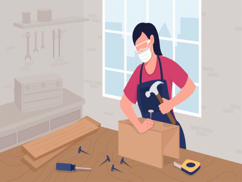 Female cabinetmaker driving nails with hammer flat color ~ EpicPxls