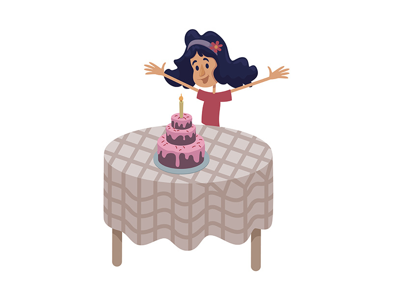Little girl at table with birthday cake flat cartoon vector ~ EpicPxls